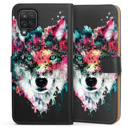 DeinDesign Galaxy A12 Handy Klapph&uuml;lle Handyh&uuml;lle aus Kunst Leder schwarz Flip Case Riza Peker Colourful Wolf Sideflip mit langer Lasche