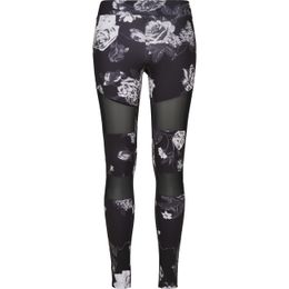 Leggings Urban Classics "Urban Classics Damen Ladies Tech Mesh AOP Leggings", Damen, Gr. 3XL, US-Gr&ouml;&szlig;en, schwarzflower, 77% Polyester, 23% Elasthan, slim fit, Hosen Leggings