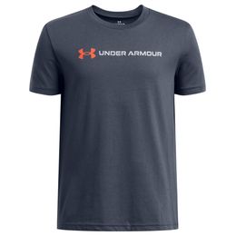 T-Shirt Under Armour "UA B LOGO WORDMARK SS", Jungen, Gr. L, grau (downpour gray, fire, mod gray), Obermaterial: 60% Baumwolle, 40% Polyester, Rundhals, Shirts T-Shirt, F&uuml;r Kinder