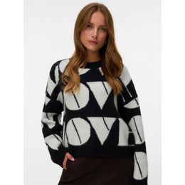V&eacute;ro Moda Strickpullover VERO MODA "VMLOVE LS O-NECK PULLOVER BOO", Damen, Gr. M, schwarz (schwarz detail:with birch big love), Strick, Obermaterial: 52% Polyester, 40% Polyacryl, 5% Wolle, 3% Elasthan, gemustert, regular fit, Rundhals, Rippstrickb&uuml;ndchen, Pullover Strickpullover