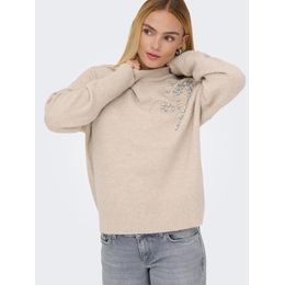 Strickpullover Only "ONLRIVA LS HIGH NECK EMB PULLOVER EX KNT", Damen, Gr. L, pumice stone detail:stone embellishment, Strick, Obermaterial: 100% Polyacryl, bestickt, normal, Rundhals, Pullover Strickpullover