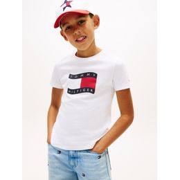 T-Shirt Tommy Hilfiger "WAVY FLAG T-SHIRT", M&auml;dchen, Gr. 8 (128), wei&szlig;, Single Jersey, Obermaterial: 100% Baumwolle, bedruckt, unifarben, regular fit normal, Rundhals, Shirts T-Shirt, Kinder bis 16 Jahre, regular fit