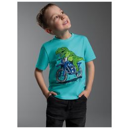 T-Shirt TRIGEMA "TRIGEMA T Shirt mit Dino Motiv "No Risk No Fun", Jungen, Gr. 104, mint, Single Jersey, 100% Baumwolle, Basic, Rundhals, Shirts T-Shirt