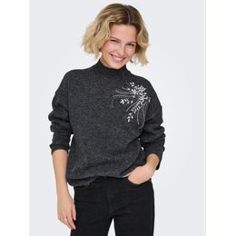 Strickpullover Only "ONLRIVA LS HIGH NECK EMB PULLOVER EX KNT", Damen, Gr. M, dunkelgrau melange detail:stone embellishment, Strick, Obermaterial: 100% Polyacryl, bestickt, normal, Rundhals, Pullover Strickpullover