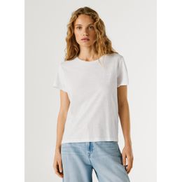 T-Shirt Pepe Jeans "MEGAN", Damen, Gr. L, wei&szlig;, Leinenmischung, Obermaterial: 50% Baumwolle, 50% Leinen, unifarben, Basic h&uuml;ftlang, Rundhals, abgesteppte Kante, Shirts T-Shirt, mit Leinenanteil, Logostickerei auf der Brust