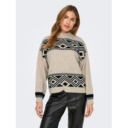 Stehkragenpullover Only "ONLVICTORIA L/S PULLOVER KNT NOOS", Damen, Gr. L, beige (pumice stone pattern:schwarz jacquard), Strick, Obermaterial: 79% Polyester, 13% Polyacryl, 5% Wolle, 3% Elasthan, gemustert, regular fit, Rundhals, Rippb&uuml;ndchen, Pullover Stehkragenpullover