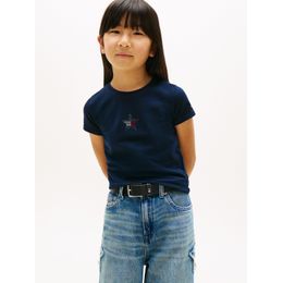 T-Shirt Tommy Hilfiger "STAR FLAG TEE SHORT SLEEVE", M&auml;dchen, Gr. 7 (122), schwarz night navy, Single Jersey, Obermaterial: 93% Baumwolle, 7% Elasthan, unifarben, slim fit normal, Rundhals, abgesteppte Kante, Shirts T-Shirt, Kinder bis 16 Jahre, Logo mit Strass-Steinen