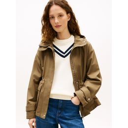 Outdoorjacke Tommy Hilfiger "COTTON NYLON UTILITY SHORT PARKA", Damen, Gr. L (42/44), mediterranean olive, Web, Obermaterial: 63% Baumwolle, 37% Nylon, unifarben, regular fit kurz, Jacken Outdoorjacke, mit verdecktem Rei&szlig;verschluss