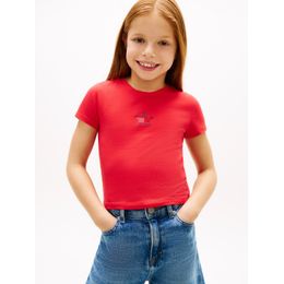 T-Shirt Tommy Hilfiger "STAR FLAG TEE SHORT SLEEVE", M&auml;dchen, Gr. 10 (140), rot alert, Single Jersey, Obermaterial: 93% Baumwolle, 7% Elasthan, unifarben, slim fit normal, Rundhals, abgesteppte Kante, Shirts T-Shirt, Kinder bis 16 Jahre, Logo mit Strass-Steinen