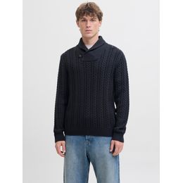 Jack & Jones Strickpullover JACK & JONES "JPRBLUSEAN KNIT CABLE SHAWL NECK", Herren, Gr. M, schwarz navy, Strick, Obermaterial: 57% Polyacryl, 43% Baumwolle, unifarben, regular fit normal, Rippb&uuml;ndchen, Pullover Strickpullover