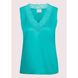 Madeleine Mode Tr&auml;gertop MADELEINE "Top Lingerie-Top aus Seidensatin", Damen, Gr. 38, blau (t&uuml;rkisblau), Obermaterial: 92% Seide silk. 8% Elasthan EL., Modern, normal, V-Ausschnitt, Tops Tr&auml;gertop, edle Spitze am Ausschnitt