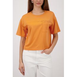 Sweatshirt monari "Basic Tasche+Schmuck", Damen, Gr. 38, orange (aperitif), Web, Obermaterial: 55% Polyester, 38% Viskose, 7% Elasthan, unifarben, regular fit taillenbedeckt, Rundhals, eingesetzt abgesteppte Kante, Sweatshirts Sweatshirt, Regular fit mit Strasssteinen