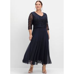 Abendkleid sheego "Abendkleid", Damen, Gr. 44, Normalgr&ouml;&szlig;en, blau (tiefblau), 100% Polyester, unifarben, lang, V-Ausschnitt, Kleider Abendkleid