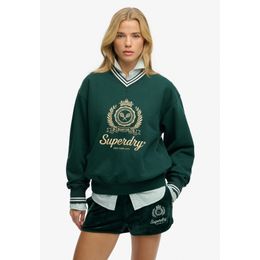 Sweatshirt Superdry "COUNTRY CLUB LOOSE V SWEAT", Damen, Gr. XS, schwarz pine gr&uuml;n, Sweatware, Obermaterial: 70% Baumwolle, 30% Polyester, bedruckt, relaxed fit normal, Rundhals, Rippb&uuml;ndchen, Sweatshirts Sweatshirt