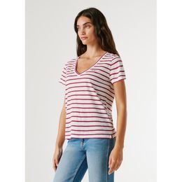 Pepe Jeans Damen T-Shirt &raquo;MEGAN V-NECK STRIPED&laquo; aus Leinenmischung mit Glitzergarn L