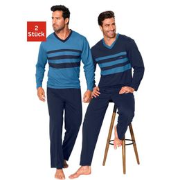 Le Jogger Herren Le Jogger Pyjama Packung, 2 St&uuml;ck, 4 tlg. Schlafanzug mit kontrastfarbigen Eins&auml;tzen vorn blau 48/50 (M)