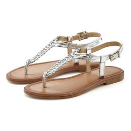 Vivance Damen Zehentrenner Sandalette, Sommerschuh,Sandale aus Leder mit Flecht-Optik silber 41