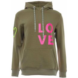 Zwillingsherz Damen Kapuzensweatshirt, mit gesticktem Neon Herz am &Auml;rmel und "Love" Schriftzug auf Kordel gr&uuml;n S/M