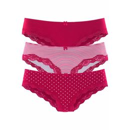 Lascana Damen Lascana Slip 3er-Pack, aus elastischer Baumwolle mit zarter Spitze rot 32/34