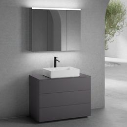 neoro n50 Unterschrank B: 100 cm mit 3 Ausz&uuml;gen, Waschtisch B: 58 cm wei&szlig; matt, mit Spiegelschrank,, BN0065WM+BN0453GR+BN0403GR+BN0474MI,