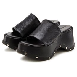 French Connection Damen Pantolette &raquo;Mule, Sandale, offener Schuh, Lederpantolette&laquo; aus Leder mit modischer Plateausohle schwarz 38