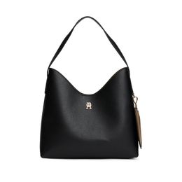 Schultertasche Tommy Hilfiger "TH ICON SHOULDER BAG", Damen, Gr. B/H/T: 27,5cm x 26cm x 11,5cm, schwarz, Lederimitat, Taschen Schultertasche, Damen Umh&auml;ngetache, Tragetasche mit TH-Logo