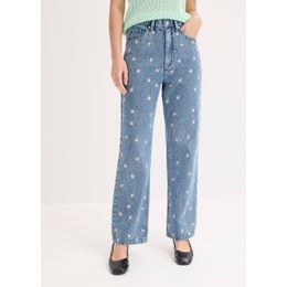 bonprix Straight-Jeans High Waist Baumwolle, blau, Gr.48, Straight-Jeans High Waist mit Blumenmuster, aus 100% Baumwolle