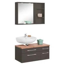 Badm&ouml;bel-Set Welltime "Davos", grau (graphit, grau), Siphonausschnitt links, Holzwerkstoff, MDF, Melamin, Kastenm&ouml;bel-Sets, Badm&ouml;bel-Set, Spiegel inklusive Beleuchtung, Regal und Waschbeckenunterschrank