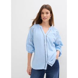bonprix Tunikabluse aus luftigem Musselin, blau, Gr.52, Mit Knopfleiste und tollen Details, 100% Baumwolle
