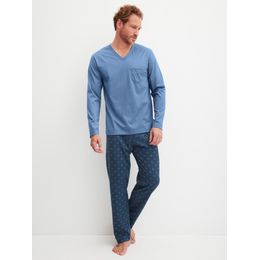 Schlafanzug Calida "Relax Imprint 2", Damen, Gr. L (52/54), coronet blau, Single Jersey, Obermaterial: 100% Baumwolle, bequem lang, V-Ausschnitt, Homewear-Sets Schlafanzug, atmungsaktiv, Cotton, leicht, weicher Single-Jersey