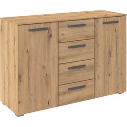 Kombikommode Rauch "Sideboard Schubladenkommode OTELI mit Dekor- und Hochglanzfront", eiche artisan, B:120cm H:81cm T:42cm, Holzwerkstoff, Sideboards, Kombikommode, vier gro&szlig;e Schubladen und 2 T&uuml;ren, mit 4 Einlegeb&ouml;den MADE IN GERMANY