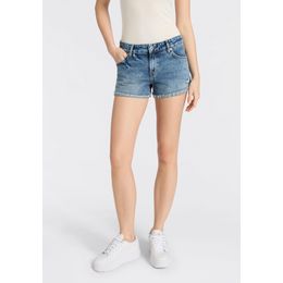 Jeansshorts HUGO BLUE "Galimon", Damen, Gr. 29, N-Gr, medium blau 428, Denim/Jeans, Obermaterial: 100% Baumwolle, Destroyed-Effekte, unifarben, kurz, Jeans Jeansshorts, Mid Rise, geschnittener Saum
