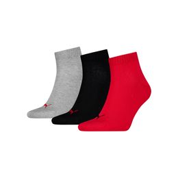 Kurzsocken Puma "Puma UNISEX QUARTER PLAIN 3P", Damen, Gr. 39-42, bunt (1x schwarz, 1x grau, meliert, 1x rot), Baumwollmischung, meliert, uni, elastisch, Socken Kurzsocken, Atmungsaktiv, Rippenb&uuml;ndchen, weiche Baumwollmischung