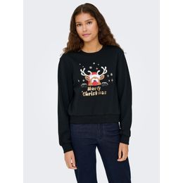 Weihnachtssweatshirt Only "OnlyDA XMAS L/S O-NECK BOX SWT", Damen, Gr. XS, schwarz print:merry christmas deer, angeraute Sweatware, Obermaterial: 60% Baumwolle, 40% Polyester, Rundhals, Sweatshirts Weihnachtssweatshirt, mit verschiedenen Weihnachtsmotiven