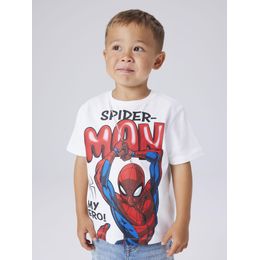Kurzarmshirt name it "NMMMARVIN SPIDER SS NREG TOP NOOS MAR", Jungen, Gr. 122/128, hellwei&szlig;, Jersey, Obermaterial: 95% Baumwolle, 5% Elasthan, bedruckt, normal, Rundhals, Shirts Kurzarmshirt, Baumwollmischung, Spider-Man Druck