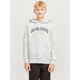 Jack & Jones Kapuzensweatshirt JACK & JONES JUNIOR "JJECALEB VARSITY SWEAT HOOD NOOS JNR", Jungen, Gr. 140, wei&szlig; (wei&szlig; melange fit:loose), angeraute Sweatware, Obermaterial: 70% Baumwolle, 30% Polyester, bedruckt, relaxed fit, Rippb&uuml;ndchen, Sweatshirts Kapuzensweatshirt