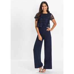 Jumpsuit bonprix, Damen, Gr. 38, N-Gr, dunkelblau (l&auml;nge: regul&auml;r), Obermaterial: 95% Polyester, 5% Elasthan. Spitze: 100% Polyester, figurumspielend, Overalls Jumpsuit, mit kurzem Arm, figurumspielende Passform, weites Bein