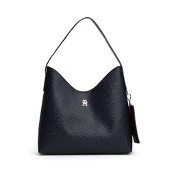 Schultertasche Tommy Hilfiger "TH ICON SHOULDER BAG MONO", Damen, Gr. B/H/T: 27,5cm x 26cm x 11,5cm, dunkelblau, Lederimitat, Taschen Schultertasche, Damen Tragetasche, Shopper mit TH-Label