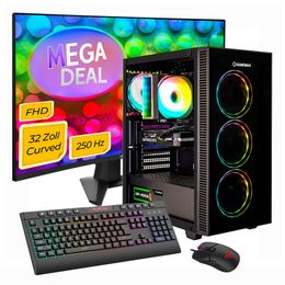 GAMEMAX Gaming-PC-Komplettsystem "MegaDeal Draco XD 2752 AMD Ryzen 7 5700X 16GB 480GB SSD RTX 5060", Energieeffizienz: E, schwarz, Microsoft Windows 11 Home (64 Bit), 16 GB RAM 480 GB SSD, Computer_Komplettsysteme, Windows 11 + MSI MAG 32C6X Gaming Monitor, Curved 80cm (32"), Gaming-PC-Komplettsystem