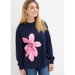 Sweatshirt bonprix, Damen, Gr. 44/46 (L), dunkelblau bedruckt, Sweatware, Obermaterial: 60% Baumwolle, 40% Polyester, bedruckt, unifarben, oversize Po-bedeckend, Rippb&uuml;ndchen, Sweatshirts Sweatshirt, Oversize-Passform, mit gro&szlig;em Blumendruck