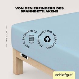 Spannbettlaken Schlafgut "EASY JERSEY Bettlaken, 150 g/m&sup2;, 100% Baumwolle, Spannbetttuch", blau (blau light), L:200cm, Jersey, Obermaterial: 100% Baumwolle, Bettlaken, Spannbettlaken, Spannbettlaken bis 22 cm H&ouml;he, b&uuml;gelfrei, pflegeleicht, perfekter Sitz