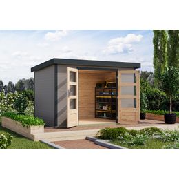 Gartenhaus Karibu "Jupiterino 4, in verschiedenen Farben", wassergrau, anthrazit, ohne Fu&szlig;boden, Blechdach, Massivholz, Gartenh&auml;user, Gartenhaus