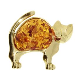 Brosche OSTSEE-SCHMUCK "- Katze - Silber 925/000, vergoldet - Bernstein" Gr. 30, gold (goldfarben, gelb), Broschen, Damen, Blacklist, Silber 925 (Sterlingsilber), Brosche