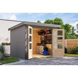 Gartenhaus Karibu "Jupiterino 3,5, in verschiedenen Farben", wassergrau, graualuminium, ohne Fu&szlig;boden, Blechdach, Massivholz, Gartenh&auml;user, Gartenhaus
