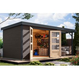 Gartenhaus Karibu "Jupiterino 4 SET, in verschiedenen Farben", terragrau, anthrazit, ohne Fu&szlig;boden, Blechdach, Massivholz, Gartenh&auml;user, Gartenhaus, inkl. Anbaudach