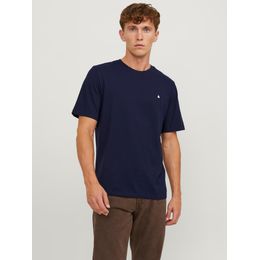 Jack & Jones Rundhalsshirt JACK & JONES "JJEPAULOS TEE SS CREW NECK NOOS", Herren, Gr. S, blau (navy blazer), Single Jersey, Obermaterial: 100% Baumwolle, unifarben, regular fit normal, Rundhals, gerader Abschluss, Shirts Rundhalsshirt, Baumwollmischung, regular fit