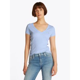Tommy Jeans Damen Kurzarmshirt &raquo;TJW SLIM ESSENTIAL RIB V SHORT SLEEVE&laquo; mit gerippter Struktur, V-Ausschnitt, Slim Fit blau XS (34)
