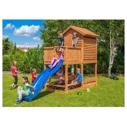 Spielturm Fungoo "My HOUSE Free Time Beach", braun (blau), Spielt&uuml;rme, KinderB:441cm H:285cm T:185cm, Holz, Metall, Polyethylen, mit Schaukel & Rutsche, Spielhaus, Sandkasten, Picknick-Tisch, B:441cm H:285cm T:185cm