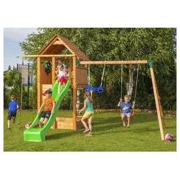 Spielturm Fungoo "FORTRESS Move+", braun (gelb), Spielt&uuml;rme, KinderB:460cm H:305cm T:465cm, Holz, Metall, Polyethylen, mit Schaukel & Rutsche, Kletterwand, B:460cm H:305cm T:465cm