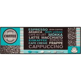 ANDIAMO K&uuml;chenl&auml;ufer &raquo;Cafe Creme&laquo; rechteckig 4 mm H&ouml;he Motiv Kaffee, mit Schriftzug, Gr&ouml;&szlig;e 50x150 cm, K&uuml;che blau Polyamid
